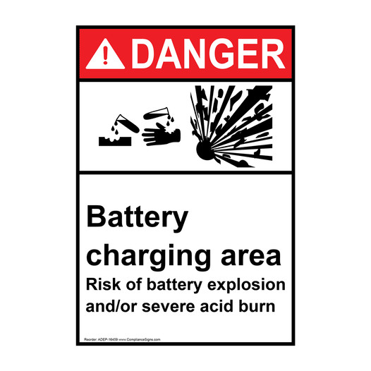 DANGER Battery Charging Area Vertical Sign - Symbol - ANSI