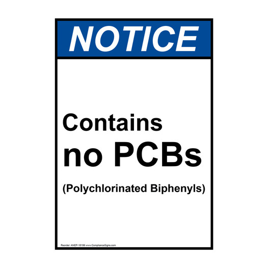 Vertical Contains No Pcbs Sign - ANSI Notice - Chemical
