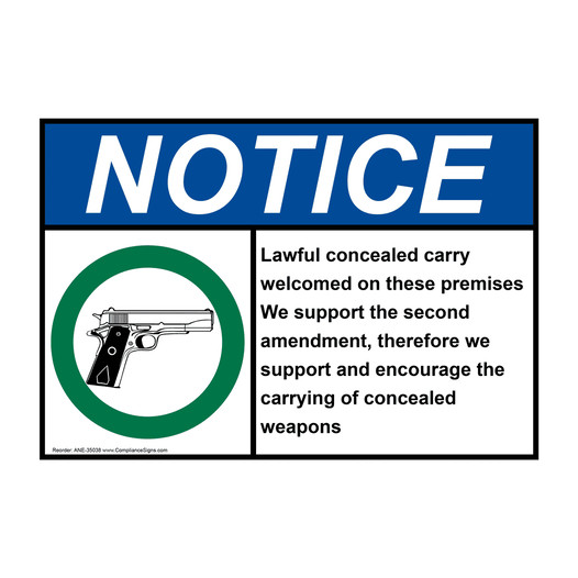 Notice Sign - Lawful Concealed Carry Welcomed - ANSI - Concealed Carry