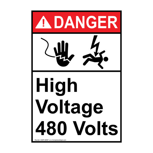 Vertical High Voltage 480 Volts Sign - ANSI Danger