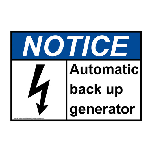 Notice Sign - Automatic Back Up Generator - ANSI