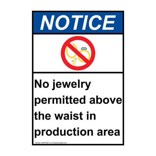 Vertical No Jewelry Permitted Above The Waist Sign - ANSI Notice