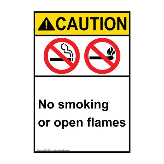 Vertical No Smoking Or Open Flames Sign - ANSI Caution - No Smoking