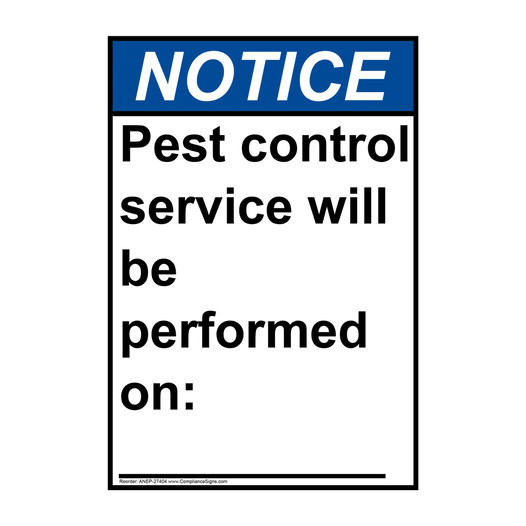 Vertical Pest Control Service Will Be Performed Sign - ANSI Notice