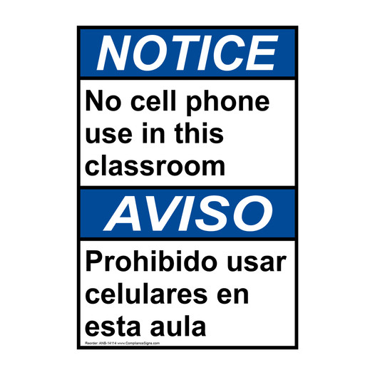 Vertical No Cell Phone In Classroom Bilingual Sign - ANSI Notice