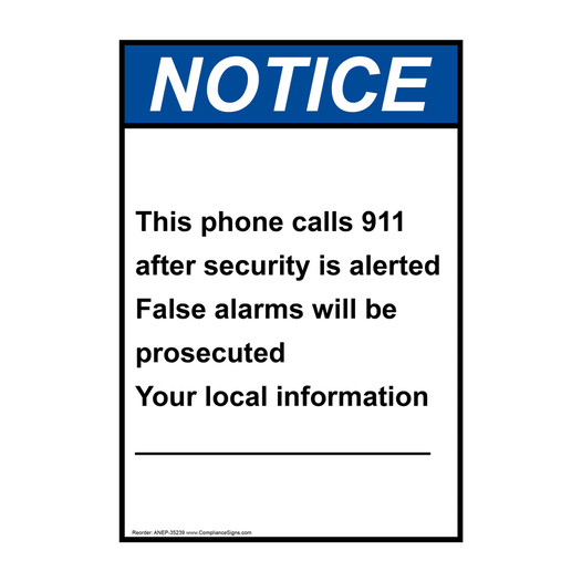 Vertical This Phone Calls 911 After Security Sign - ANSI Notice - Custom