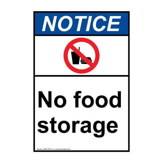 Vertical No Food Storage Sign - ANSI Notice - No Food or Drink