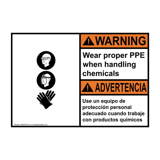 Warning Sign - Wear Ppe Handling Chemical Bilingual Sign - ANSI - Hazmat