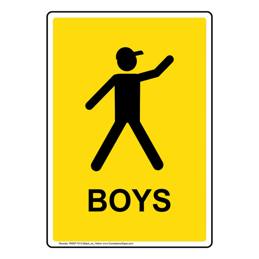 Black-On-Yellow Boys Restroom Sign - 6 Vertical Sizes