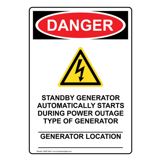 Vertical Standby Generator Sign - OSHA DANGER