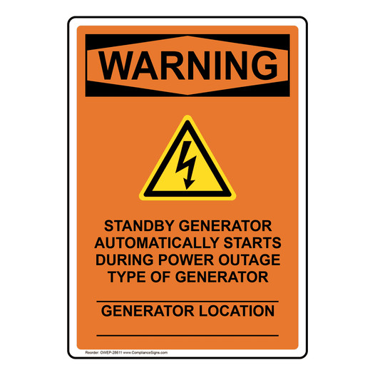Vertical Standby Generator Sign - OSHA WARNING