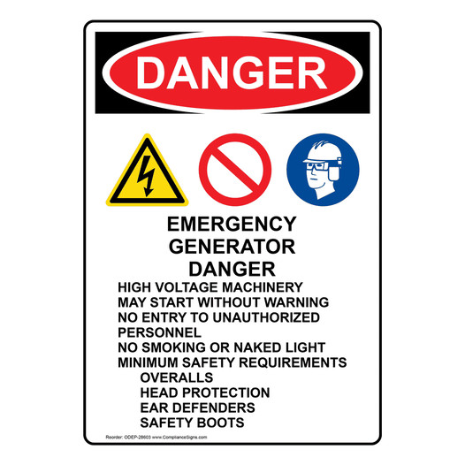 Vertical Emergency Generator Sign - OSHA DANGER