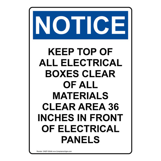 Vertical Keep Top Of All Electrical Boxes Sign - OSHA NOTICE