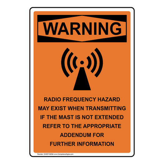 White Warning OSHA Radio Frequency Hazard Sign - Vertical