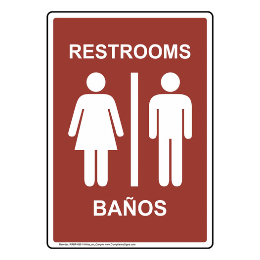 Canyon Restrooms - Baños Sign With Symbol RRBP-6981-White_on_Canyon