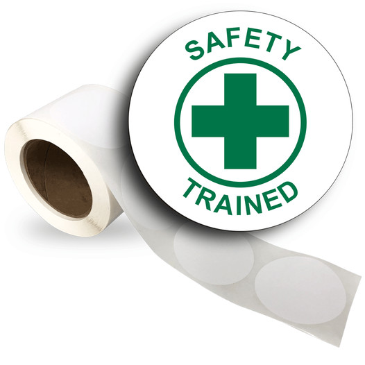 Roll of Poly Labels - Safety Trained - White - Round