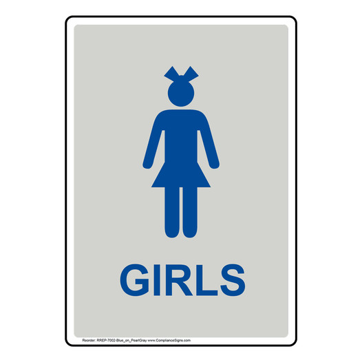 Blue-On-Pearl Gray Girls Restroom Sign - 6 Vertical Sizes - US Made