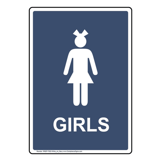 White-On-Navy Girls Restroom Sign - 6 Vertical Sizes - US Made