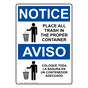 Vertical Place Trash In Proper Container Bilingual Sign - OSHA NOTICE