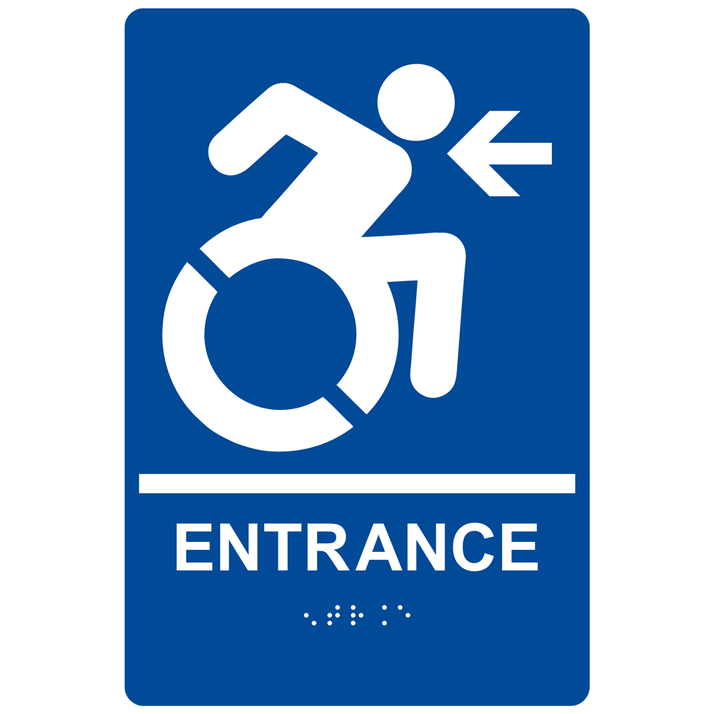 Entrance Braille Sign With Dynamic Accessibility Symbol RRE-185R_WHTonBLU