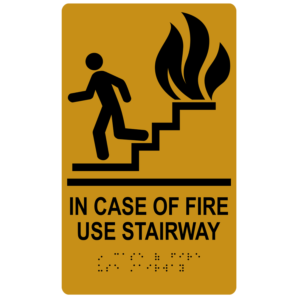 ADA In Case Of Fire Use Stairway Braille Sign RRE-235_BLKonGLD