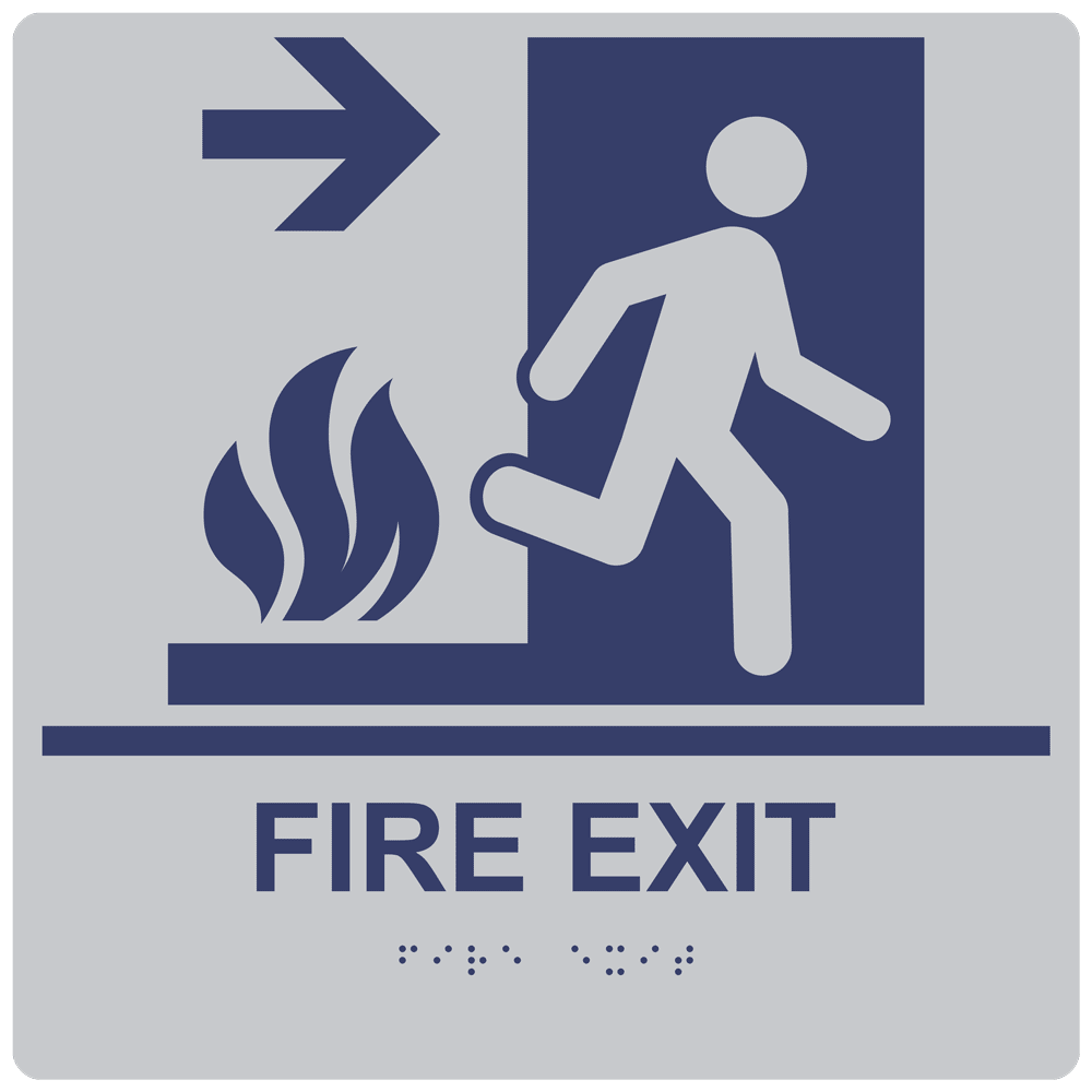 Square ADA Fire Exit (Braille = Fire Exit) Sign RRE-245-99_MRNBLUonSLVR