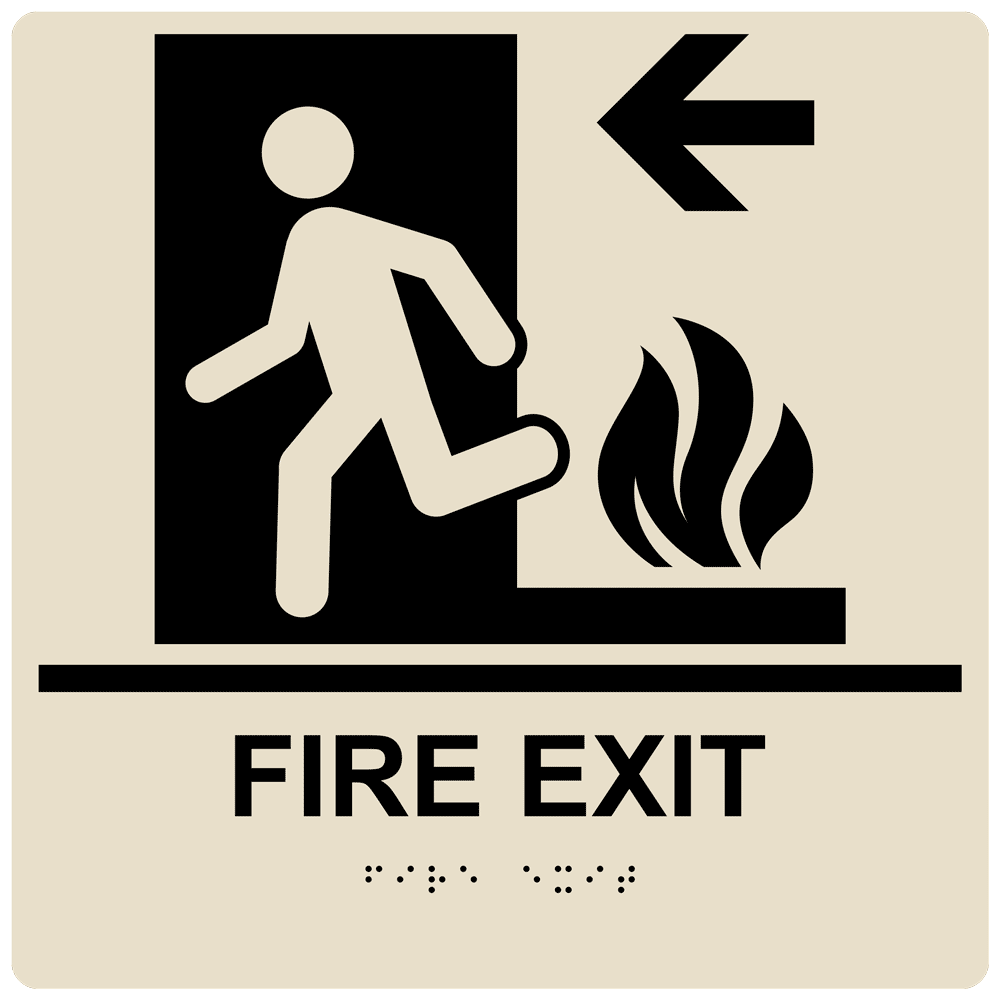 Square ADA Fire Exit (Braille = Fire Exit) Sign RRE-250-99_BLKonAlmond