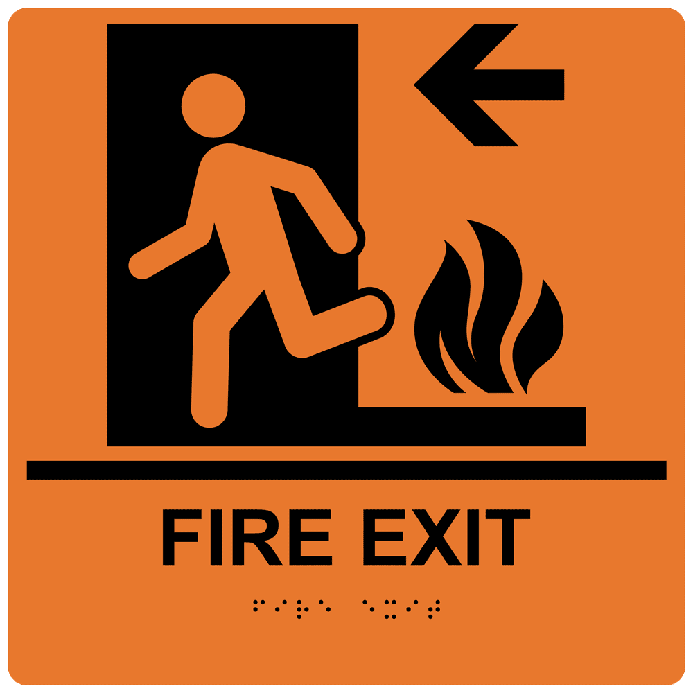 Square ADA Fire Exit (Braille = Fire Exit) Sign RRE-250-99_BLKonORNG