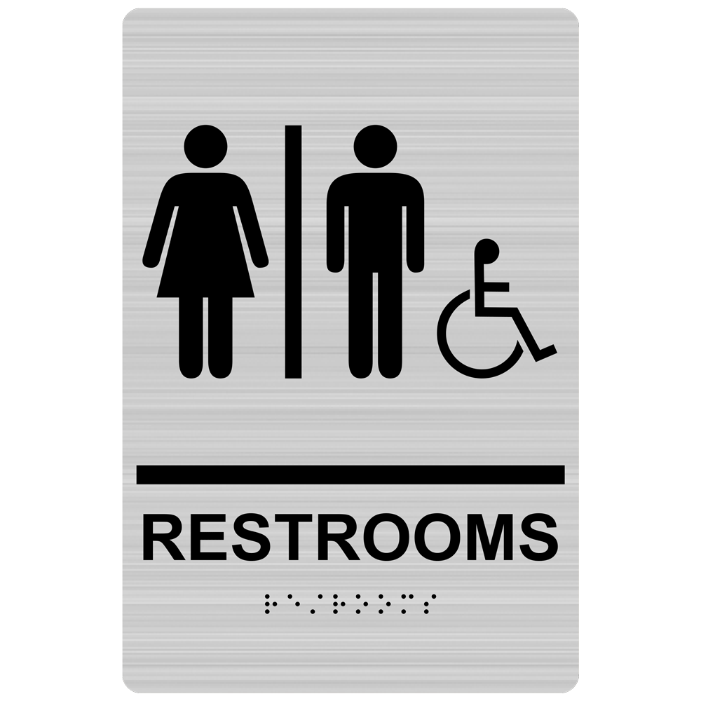Portrait ADA Restrooms (Braille = Restrooms) Sign RRE-115_BLKonBRSLVR