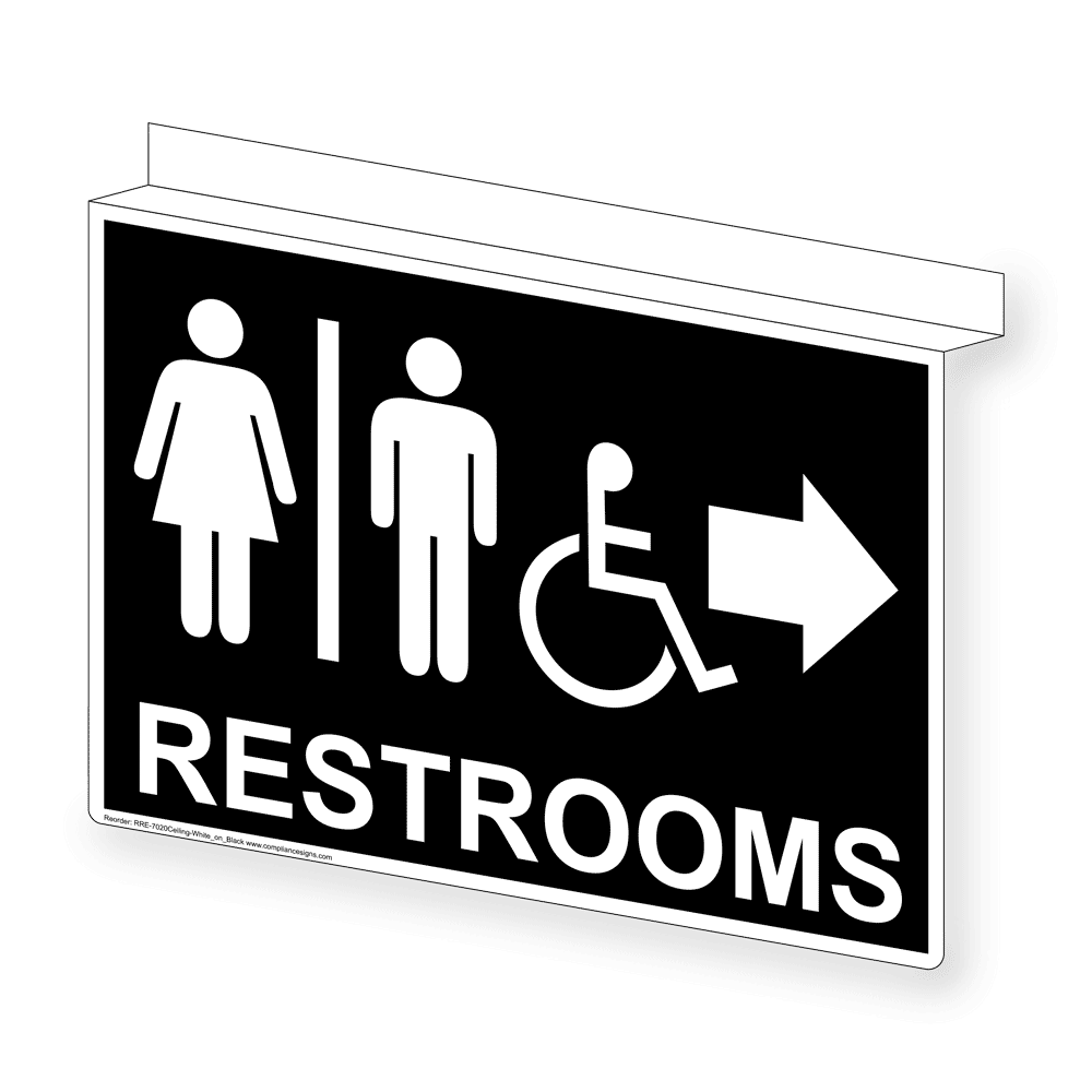 Restrooms With Symbol Right Sign RRE-7020Ceiling-WHTonBLK