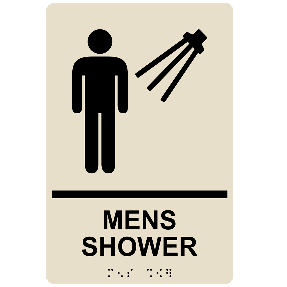 Portrait ADA Mens Shower Braille Sign RRE-14808_BLKonAlmond