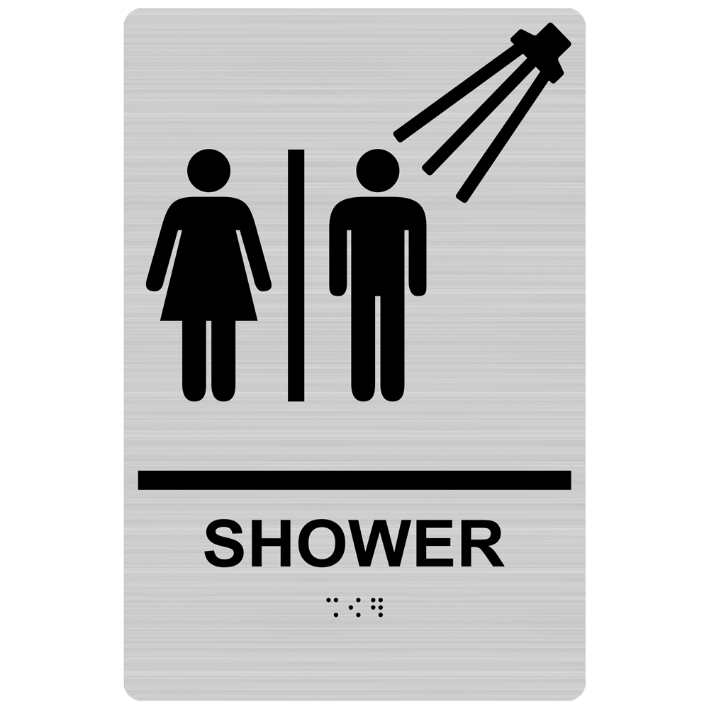 Portrait ADA Shower (Braille = Shower) Sign RRE-14831_BLKonBRSLVR