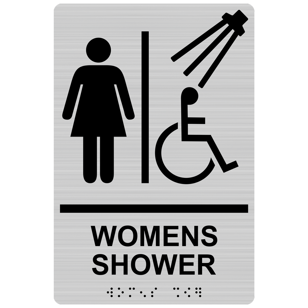 Portrait ADA Womens Shower (Braille Sign RRE-14860_BLKonBRSLVR