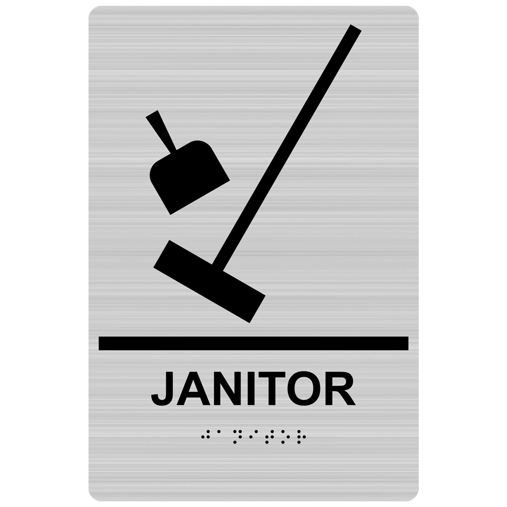 Portrait ADA Janitor (Braille = Janitor) Sign RRE-955_BLKonBRSLVR