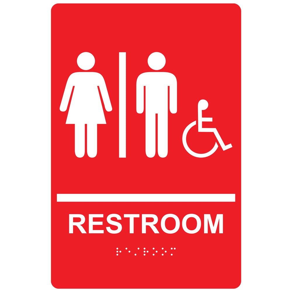 ADA Restroom With Symbol Braille Sign RRE-120_WHTonRed Restrooms