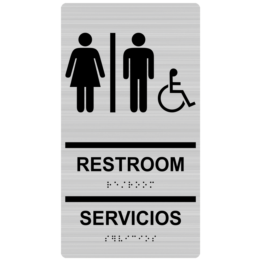 Portrait ADA Restrooms - Servicios Sign RRB-120_BLKonBRSLVR