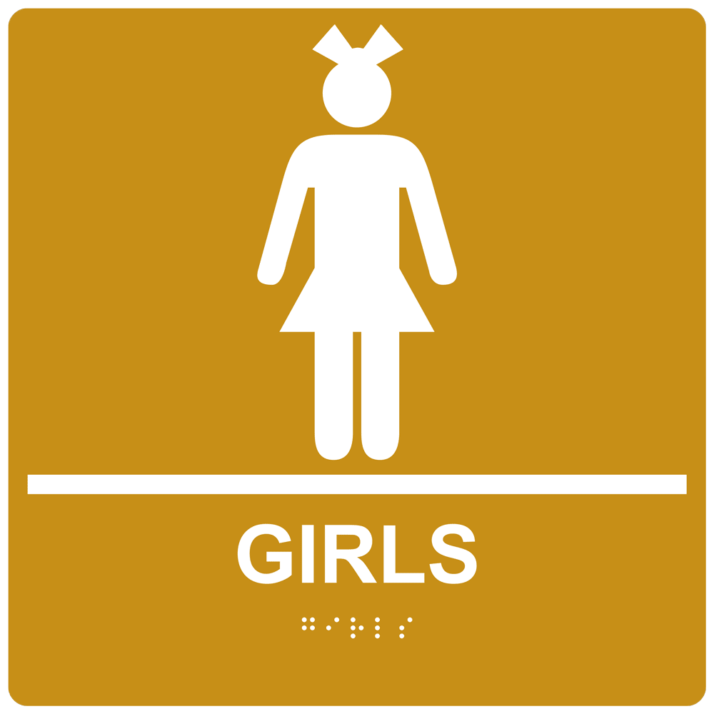 Square ADA Girls (Braille = Girls) Sign RRE-135-99_WHTonGLD