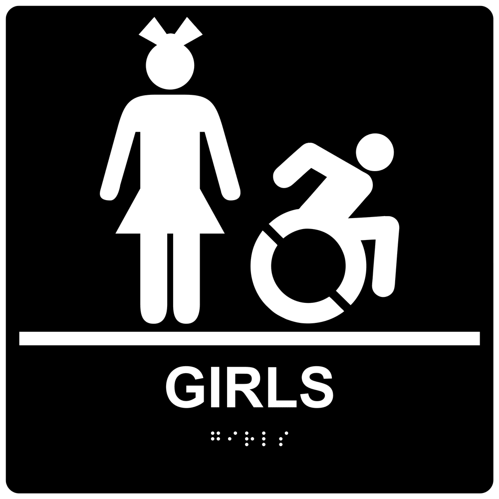 Girls Braille Sign With Dynamic Accessibility Symbol RRE-140R-99_WHTonBLK