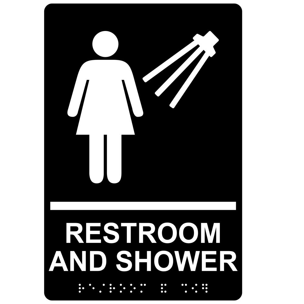 ADA Womens Restroom And Shower Braille Sign RRE-14823_WHTonBLK