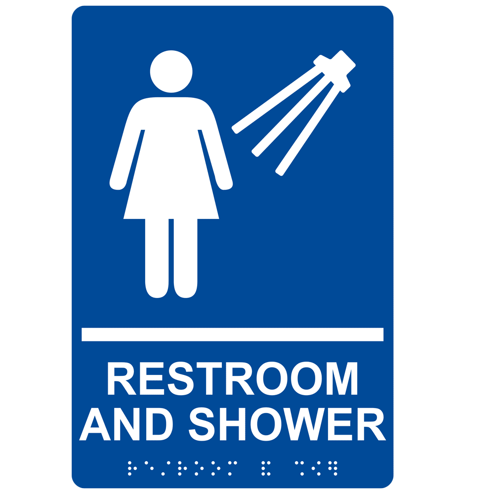 ADA Womens Restroom And Shower Braille Sign RRE-14823_WHTonBLU