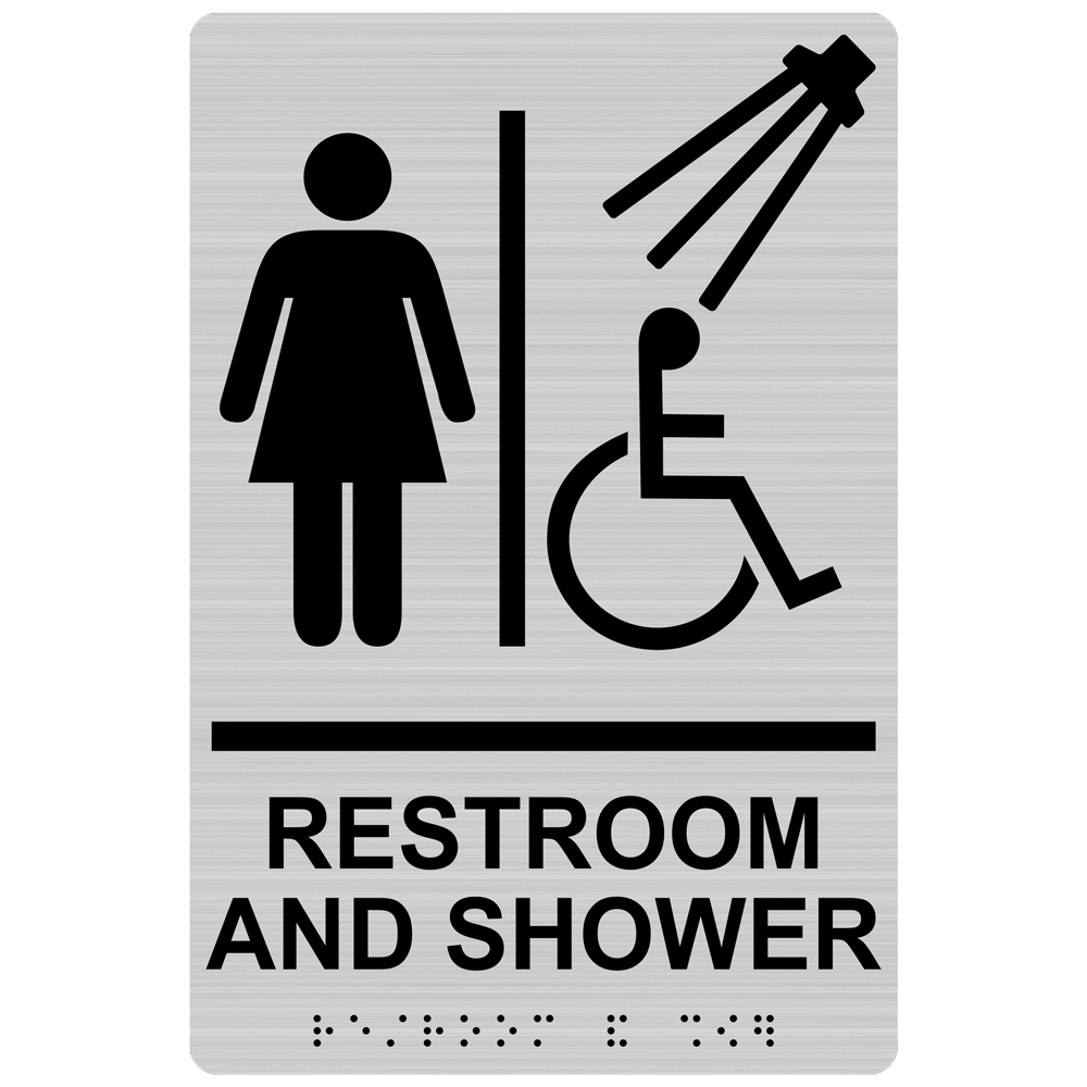Portrait ADA Restroom And Shower Sign RRE-14824_BLKonBRSLVR