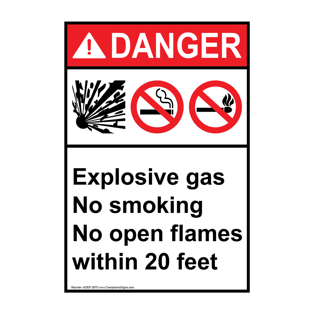 Vertical Explosive Gas No Smoking Sign - ANSI Danger - No Open Flame