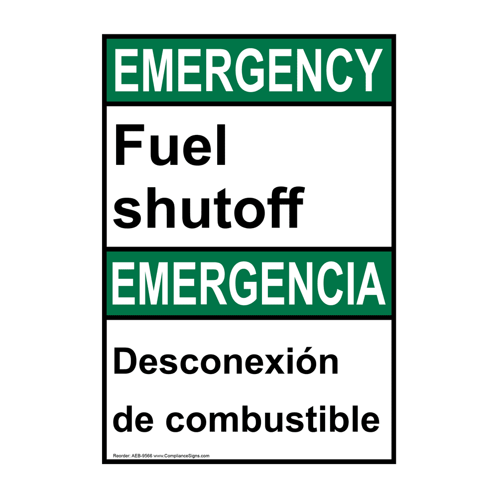Vertical Fuel Shutoff Bilingual Sign - ANSI Emergency