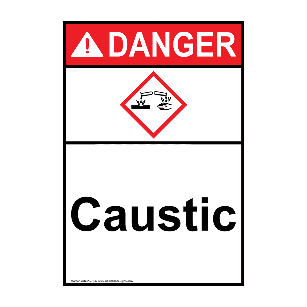 Vertical Hazmat Sign or Label - Caustic - ANSI-GHS - Made in USA