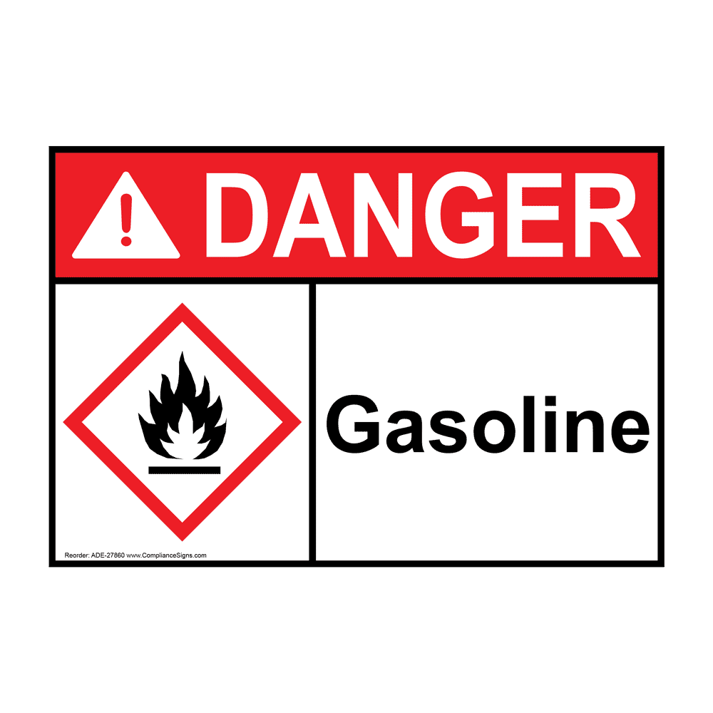 ANSI-GHS Gasoline Sign or Label - White - 6 Sizes