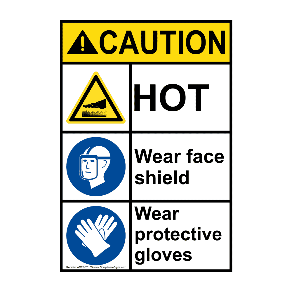 Vertical Hot Wear Face Shield Wear Gloves Sign Ansi Caution Ppe Eye