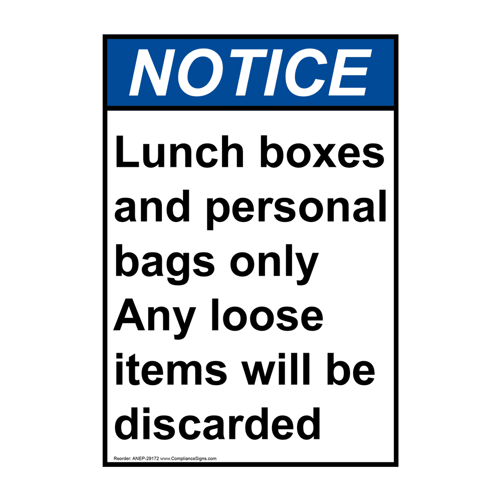 Vertical Lunch Boxes And Personal Bags Sign - ANSI Notice