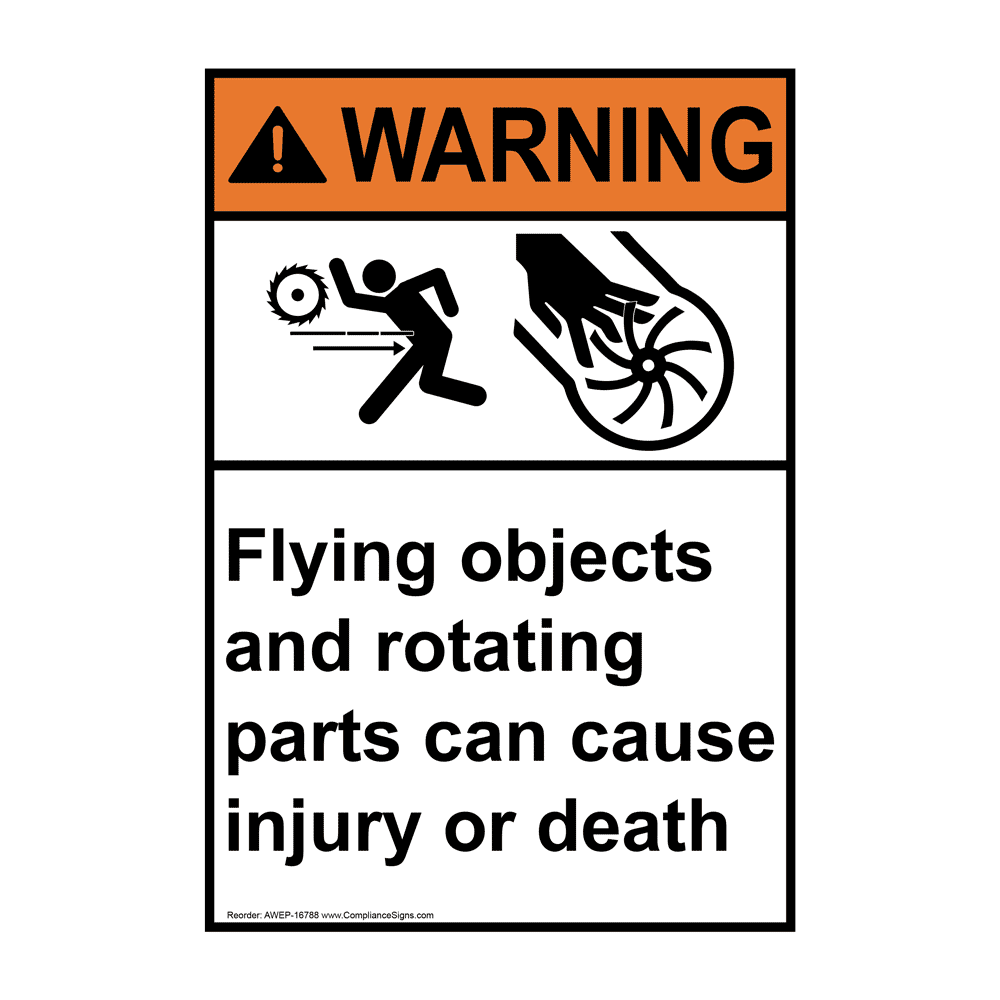 Vertical Flying Objects And Rotating Parts Sign - ANSI Warning