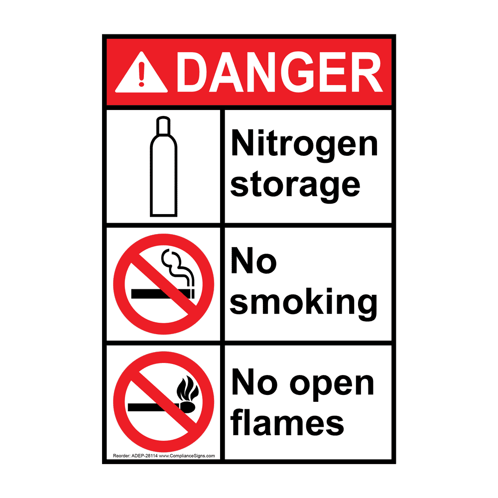 Vertical Nitrogen Storage No Smoking No Flames Sign - ANSI Danger