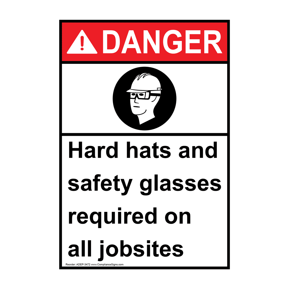 Vertical Hard Hats & Safety Glasses Required Sign - ANSI Danger